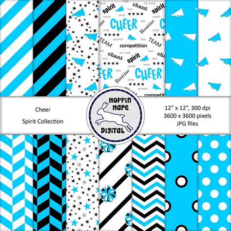 Cheer Digital Paper Pack Cheerleading Scrapbooking Papers Seamless Patterns Blue Black