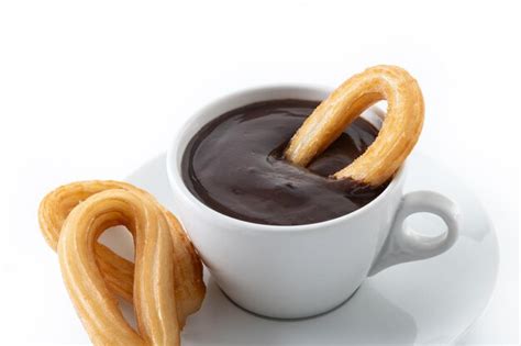 Churros Tradicionales Españoles Con Chocolate Caliente Aislado Sobre