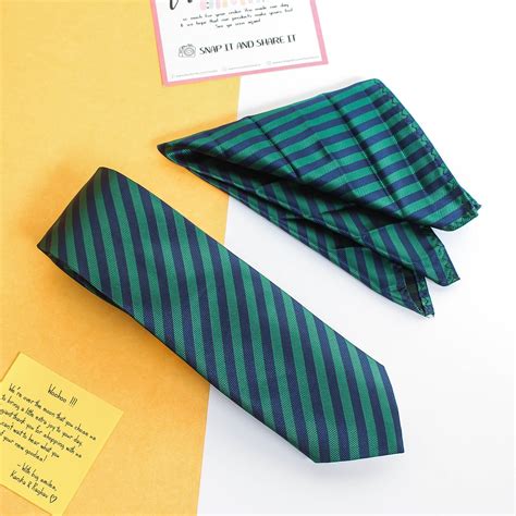 Green Stripe Necktie And Pocket Square Tset
