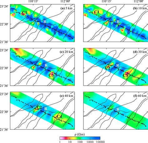 final 3‐d inversion result at representative depth slices at crustal
