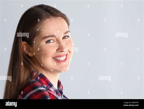 Facial Recognition System Young Woman With Biometric Identification