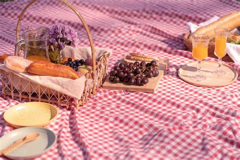 Picnic Lunch Meal Outdoors Park With Food Picnic Basket Enjoying