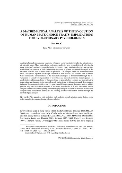 Pdf A Mathematical Analysis Of The Evolution Of Human Mate Choice