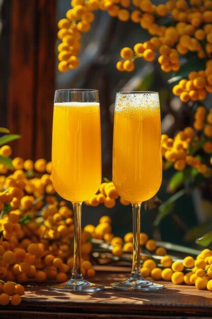 Two Glasses Of Mimosa With Mimosa Flowers On A Wooden Table Premium Ai Generated Image