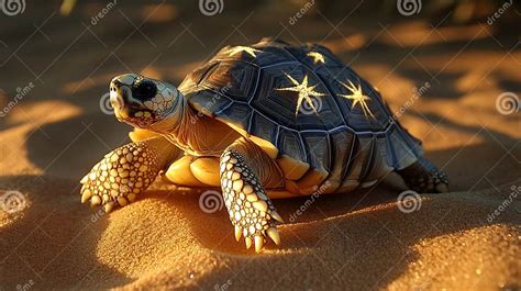 Indian Star Tortoise Crossing Desert Sand Its Ornate Shell Casting Soft Shadows Stock Image