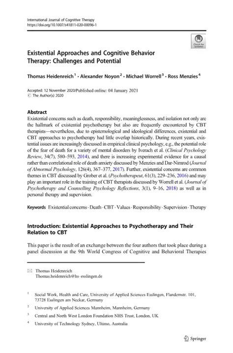 Existential Approaches And Cognitive Behavior Therapy Challenges And