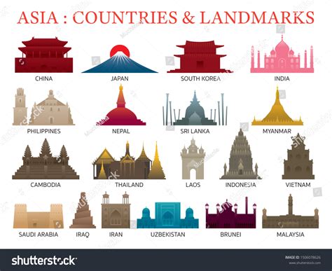 Asia Countries Landmarks Colorful Silhouette Famous Stock Vector