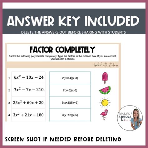 Factor Completely Self Checking Digital Sticker Worksheet Tpt