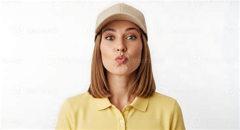 Young Woman In Yellow Polo Shirt And Beige Cap Sends Air Kiss White