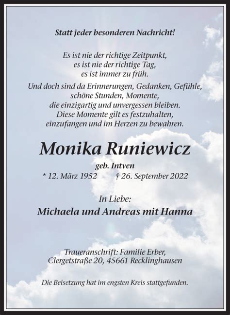 Traueranzeigen Von Monika Runiewicz Sich Erinnernde