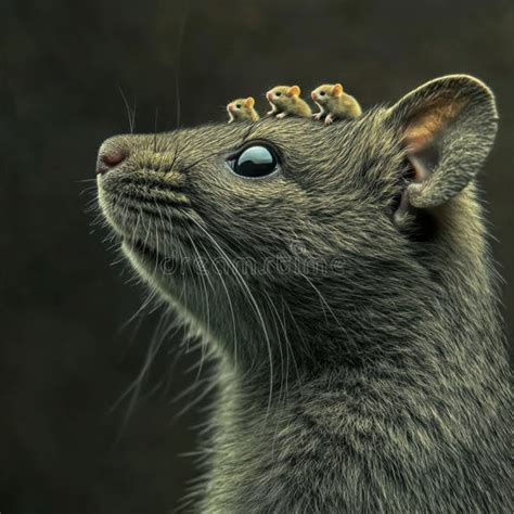 A Large Grey Mouse With Three Small Cubs On Its Head The Cubs Are
