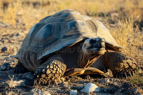 A Massive Land Turtle Rests Peacefully On A Patch Of Dry Cracked Earth Its Ancient Weathered