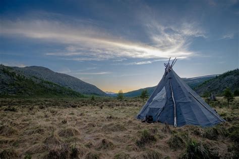 Premium Photo Blue Nomadic Tribe Teepee On A Rural Field In Mongolia