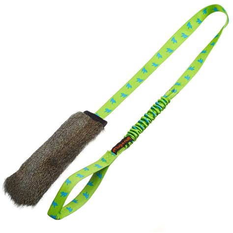 Rabbit Fur Squeaky Bungee Chaser Tug Toy Tug E Nuff Green Pattern H
