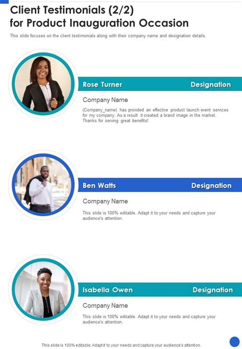 Client Testimonials For Product Inauguration Occasion One Pager Sample Exam