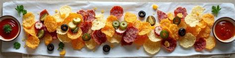 Colorful Assorted Snack Platter With Chips Sausage Olives And Dips