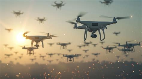 Premium Photo Swarm Of Drones Against A Sunset Signaling A Hightech