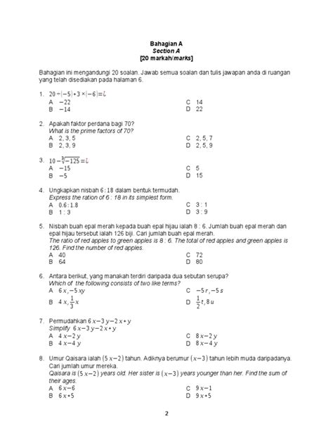 Bahagian A Math F1 Us3 2019 Pdf