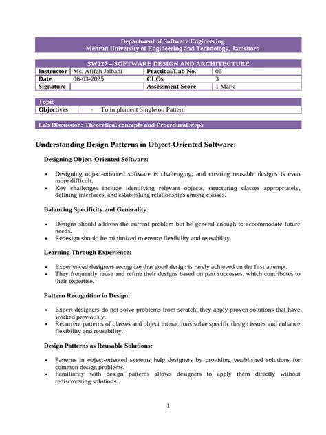 Lab 06 Singleton Design Pattern Pdf Class Computer Programming Software Design Pattern