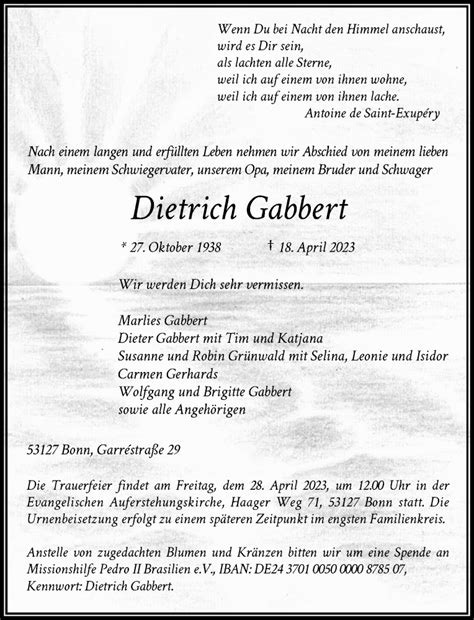 Traueranzeigen Von Dietrich Gabbert Ga Trauer De
