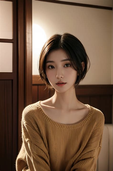 A Woman In A Sweater Posing For A Picture In A Room Seaart Ai
