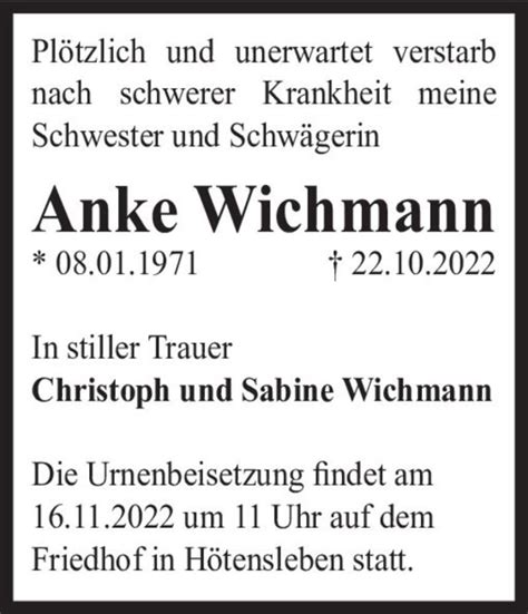 Traueranzeigen Von Anke Wichmann Abschied Nehmen De