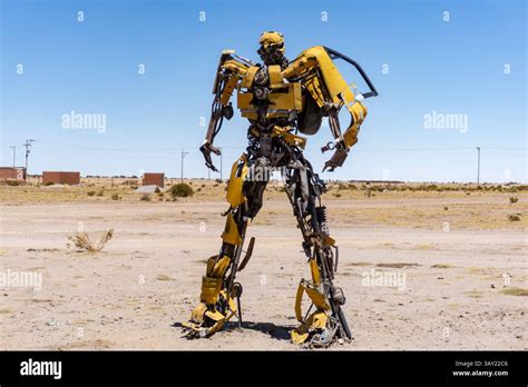 Scrap Metal Robot Sculpture Exhibited At The Train Cemetery Of Uyuni Bolivia As Part Of A Local
