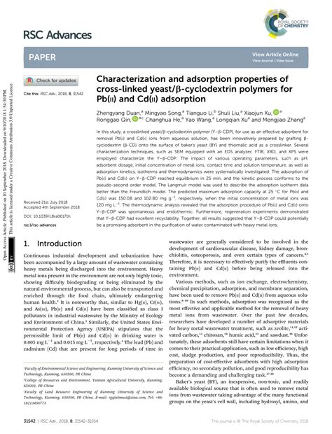 Pdf Characterization And Adsorption Properties Of Cross Linked Yeastβ Cyclodextrin Polymers