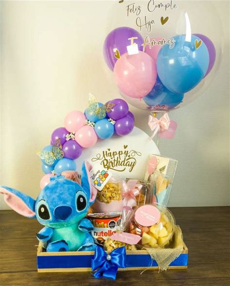 Desayuno Sorpresa Stich 💜💙 Decoraciones De Globos Para Fiesta Canasta De Cumpleaños