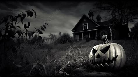 Black And White Photo Of A House With A Haunted Jack O Lantern