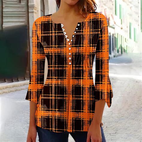 Blmnix Orange Work Tops Tunics Checkered V Neck Shirts 34 Sleeve