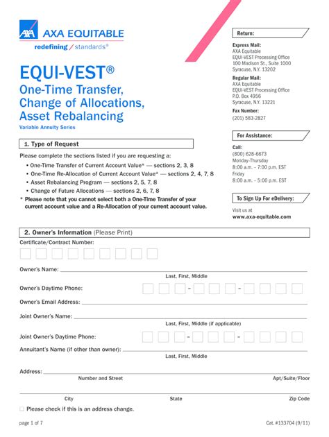 Axa Equitable Investment Allocation Form Blank Fillable Template