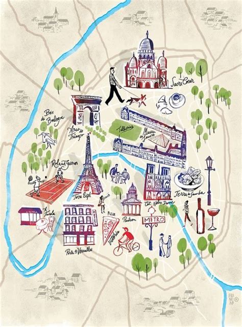 Paris Illustrated Map Poster Hardcover Notebook Paris Map Art France Paris