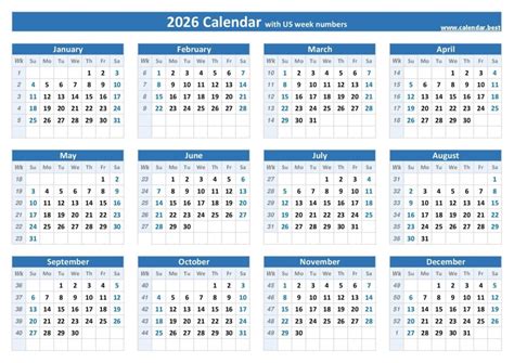 Free Printable 2026 Calendar With Week Numbers