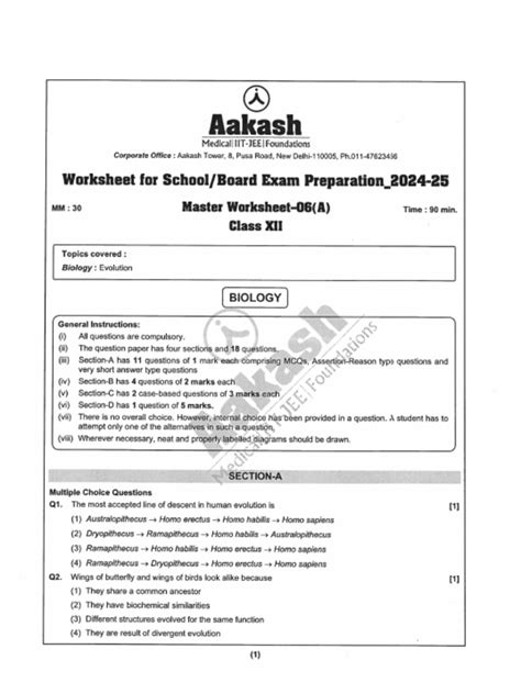 12th Work Sheets For Board Exam Biology 6 To 9 Code A And B Pdf