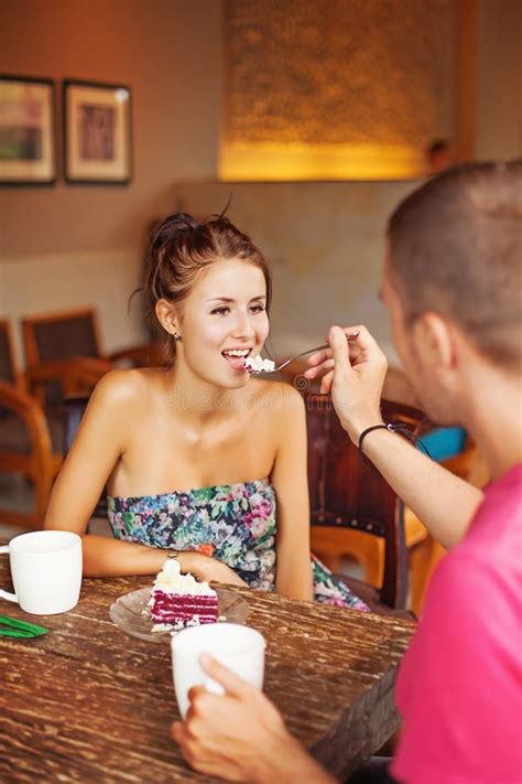 Couple Feeding Each Other With The Cake In Restaurant Stock Image Image Of Feeding Interior