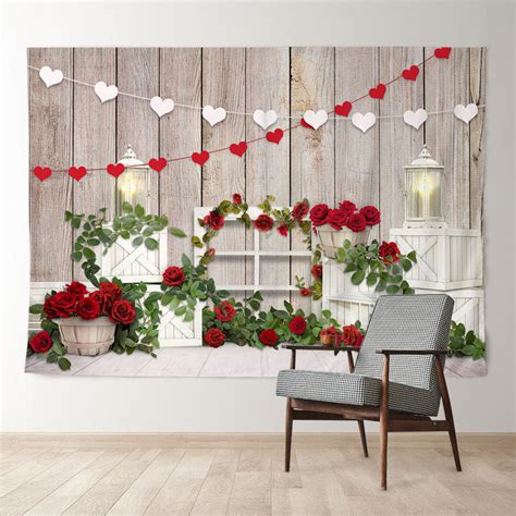 Aperturee Red Rose Grass Light Stripe Wood Valentines Backdrop