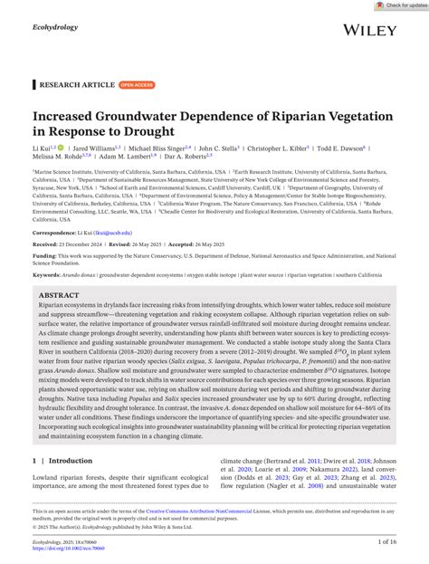 Pdf Increased Groundwater Dependence Of Riparian Vegetation In Response To Drought