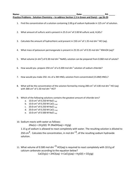 Solution Chemistry Practice Problems With Key