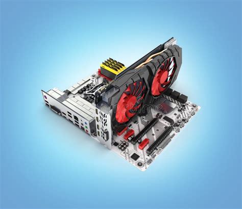 Motherboard Complete With Ram And Video Card Solated On Blue Gradient Background 3d Render Stock