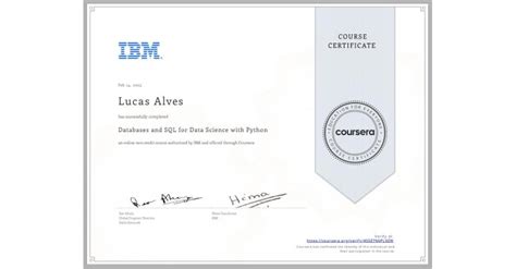 Completion Certificate For Databases And Sql For Data Science With Python Lucas Gafaria
