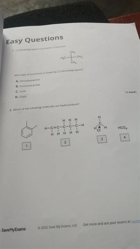 Easy Questions 22 Dimethylpropane Is An Isomer Of Pentane What Typ