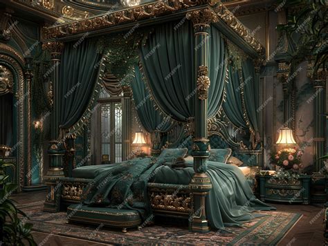 Premium Photo Opulent Bedroom With A Velvet Canopy Bed And Gold