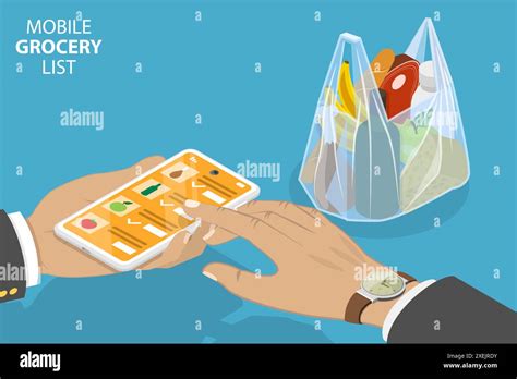 3D Isometric Flat Conceptual Illustration of Mobile Grocery List, Buying Food Online 3D ...