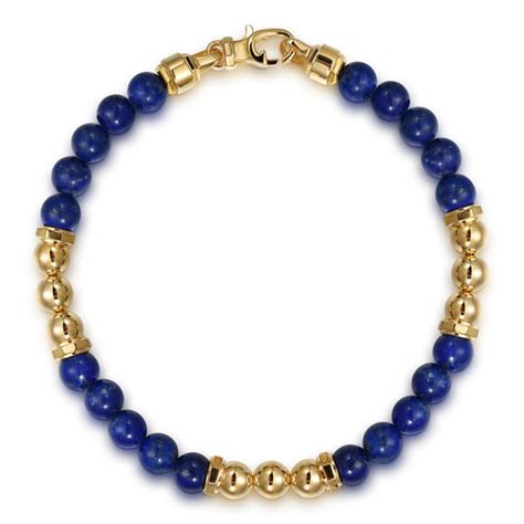 14k Yellow Gold 6mm Lapis Bead And 6mm Yellow Gold Beaded Mens Bracelet