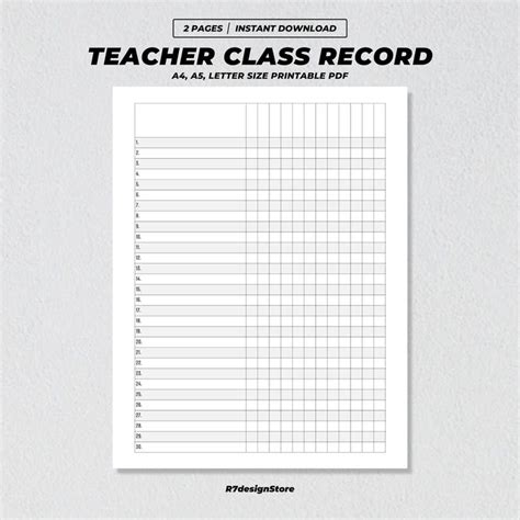 A Printable Teacher Class Record Sheet