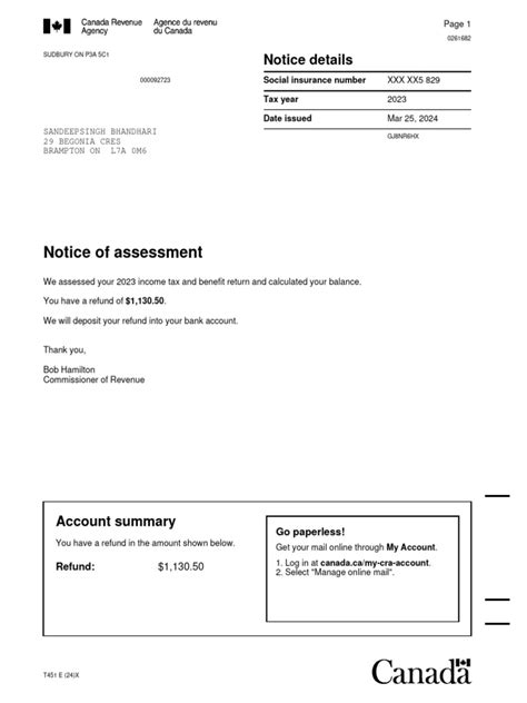 2024 Canada Notice Of Assessment Sample Pdf Tax Refund Taxes