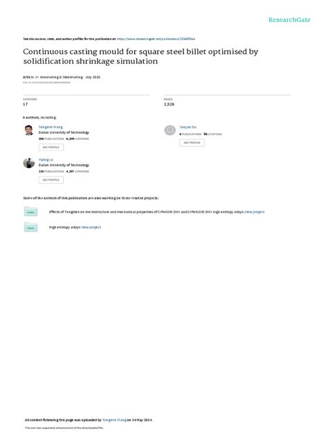 Continuous Casting Mould For Square Steel Billet Optimised By Solidification Shrinkage