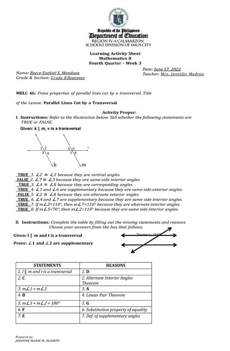 Math8 Las Q4 W3 Melc46 Learning Activity Sheet Mathematics 8 Fourth