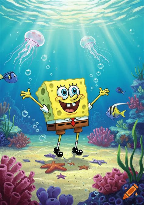 Spongebob Squarepants Smiles Underwater Among Colorful Coral And